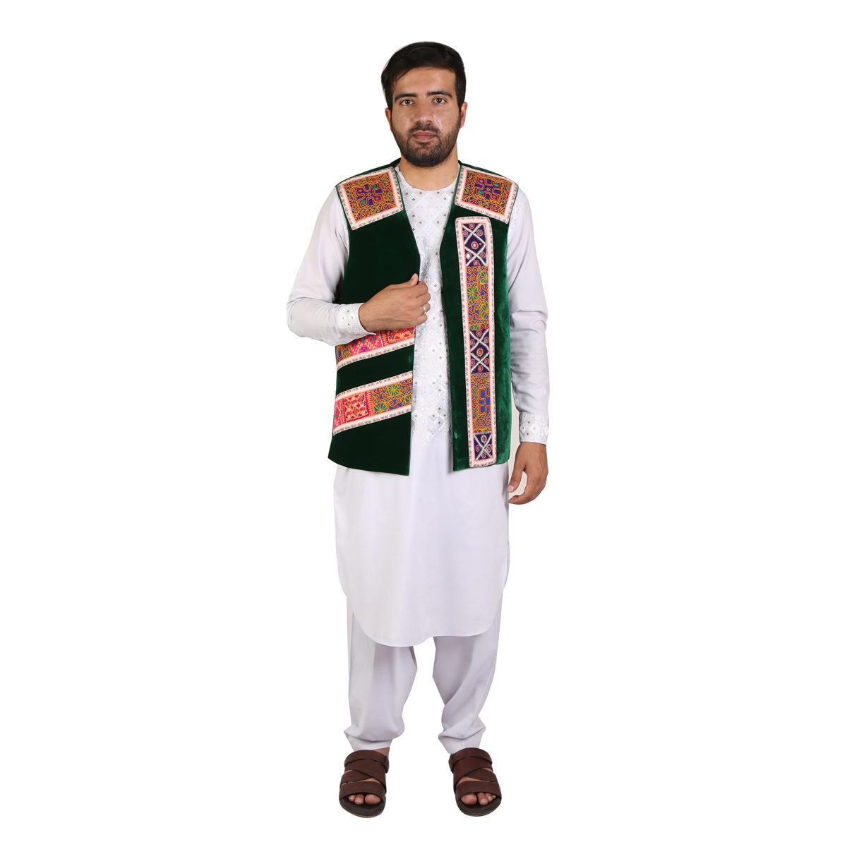 Green Velvet Afghani Waistcoat | Cross-Stitched Men's Waskat (Vest) | Aseel