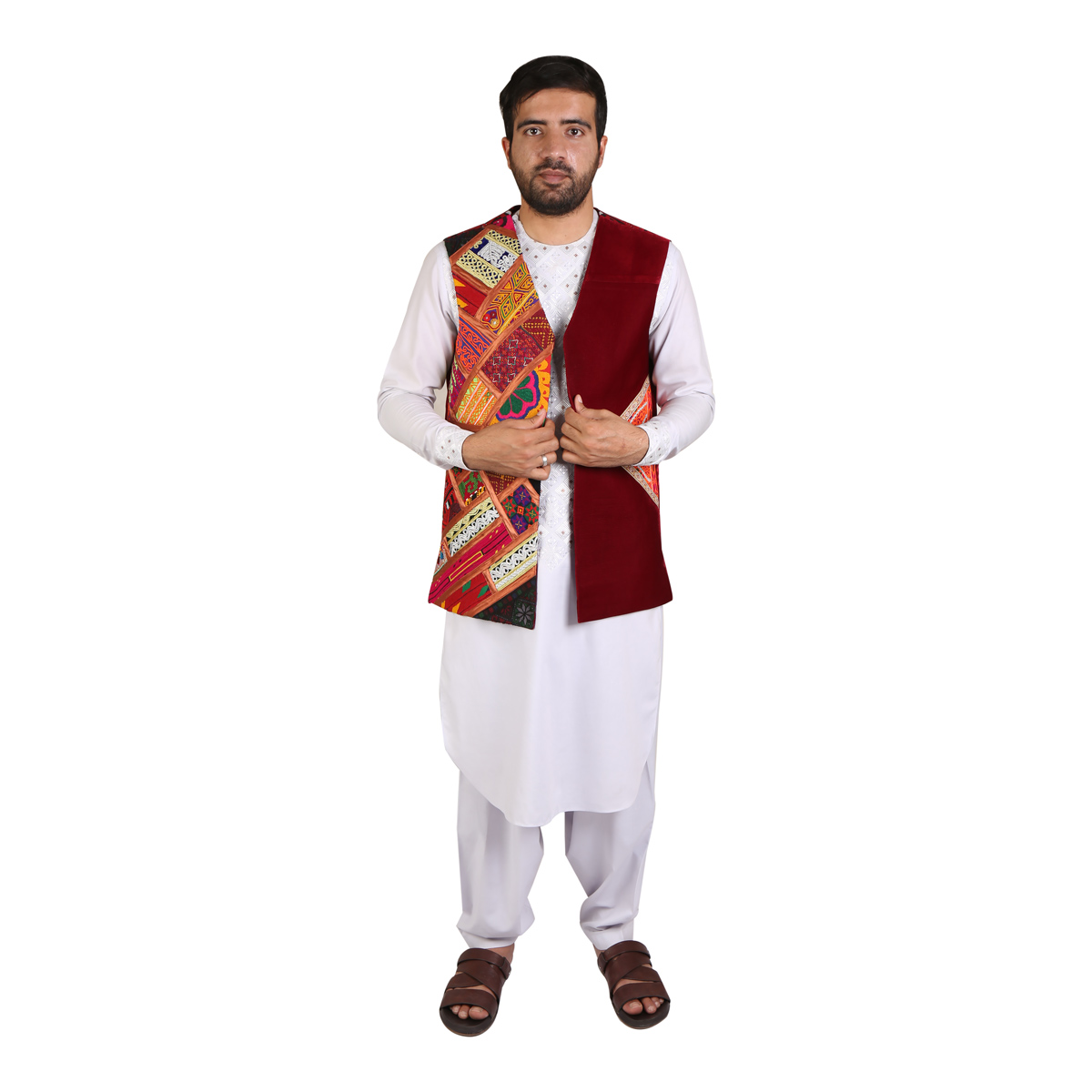 Red Velvet Afghan Waistcoat for Men | Cross-Stitched Waskat Coat | Aseel