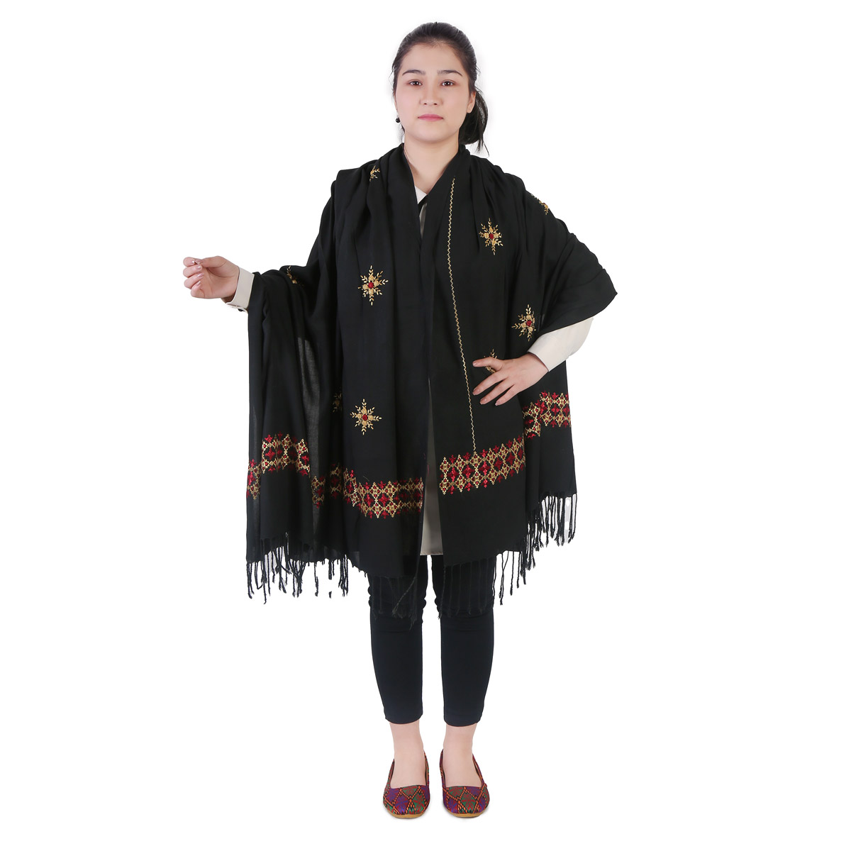 Black Cotton Hazaragi Shawl With Maroon Embroidery | Aseel