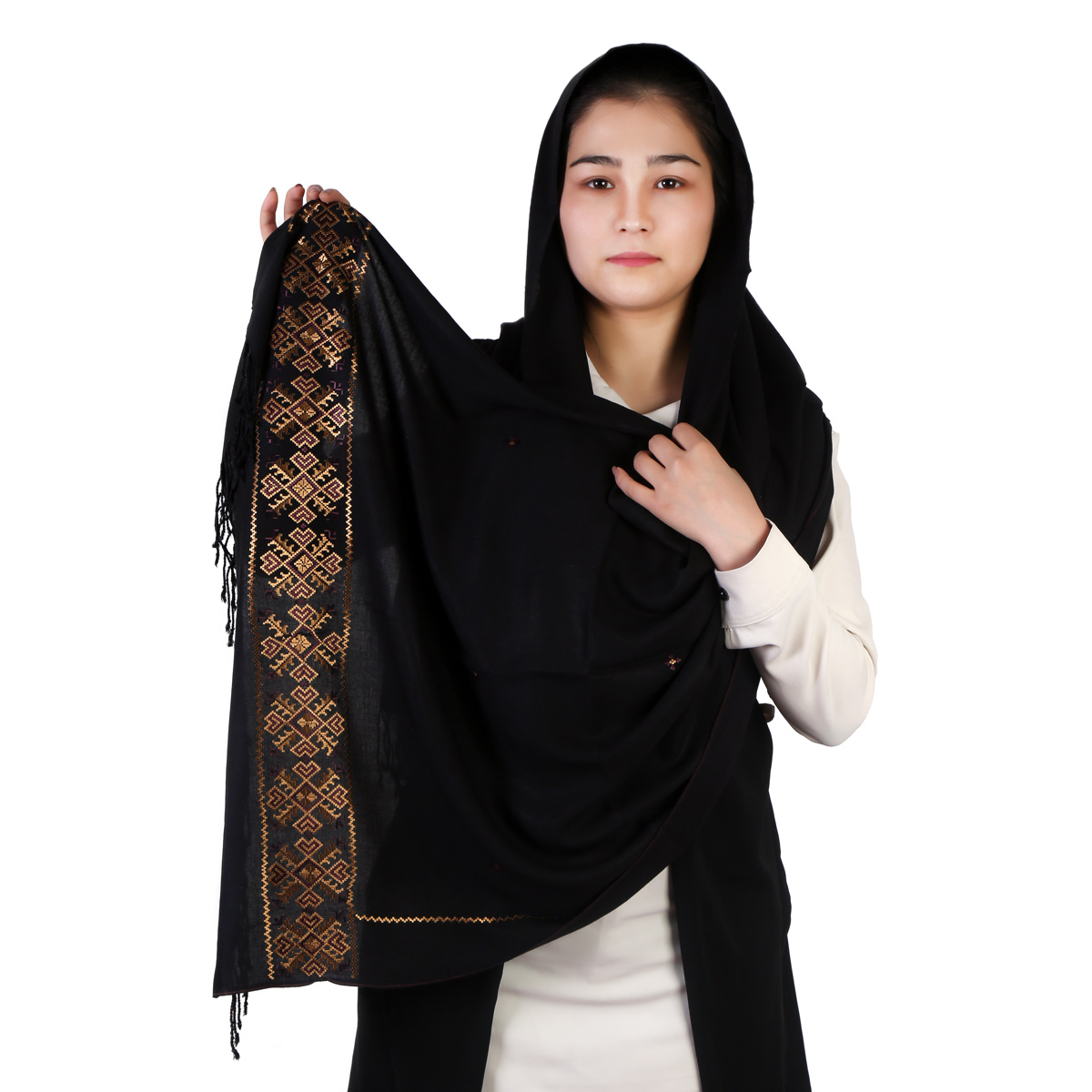 Floral Golden Hazaragi Embroidered Cotton Scarf | Aseel