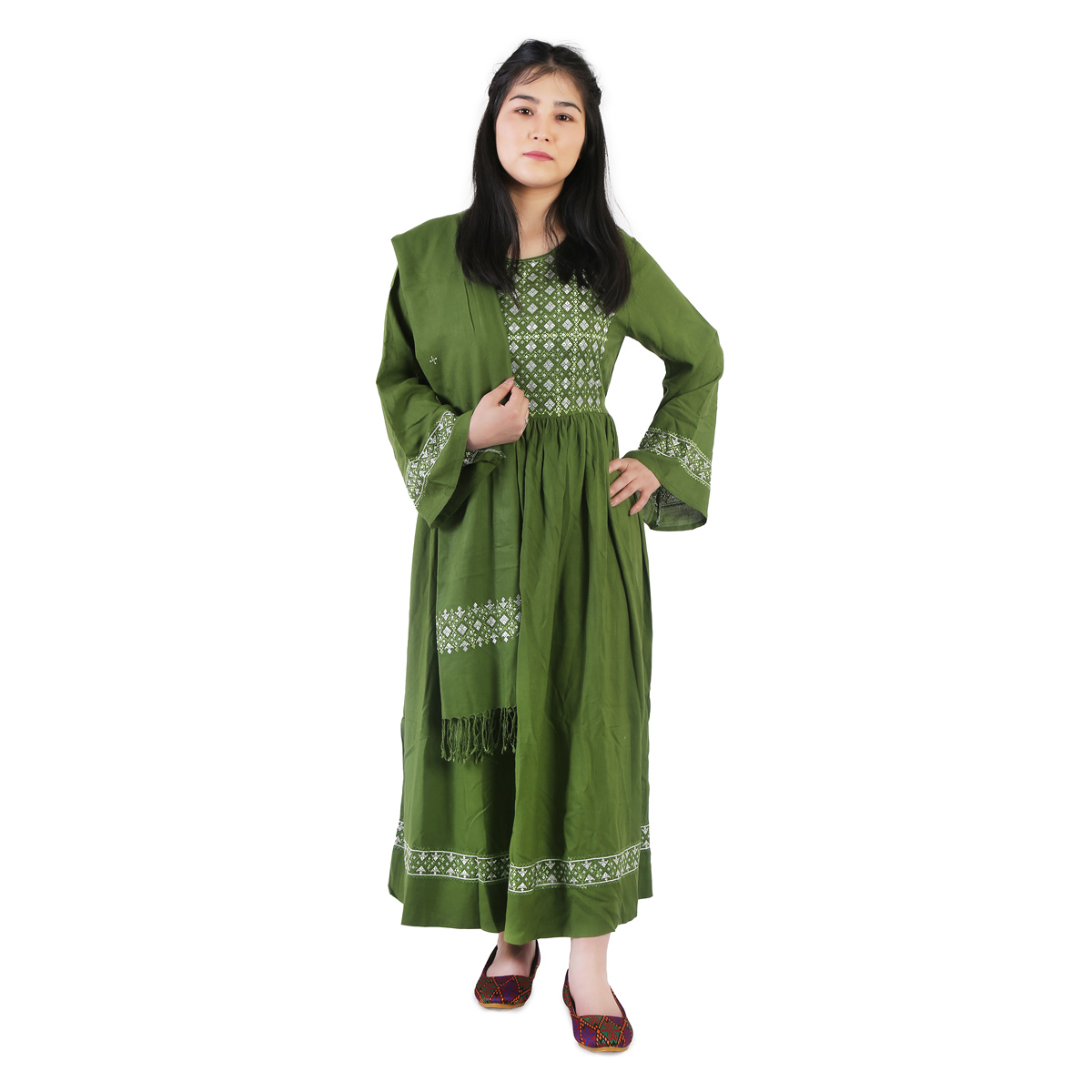 Green Hazaragi Dress With Scarf | Simple Embroidered Pleated Cotton ...